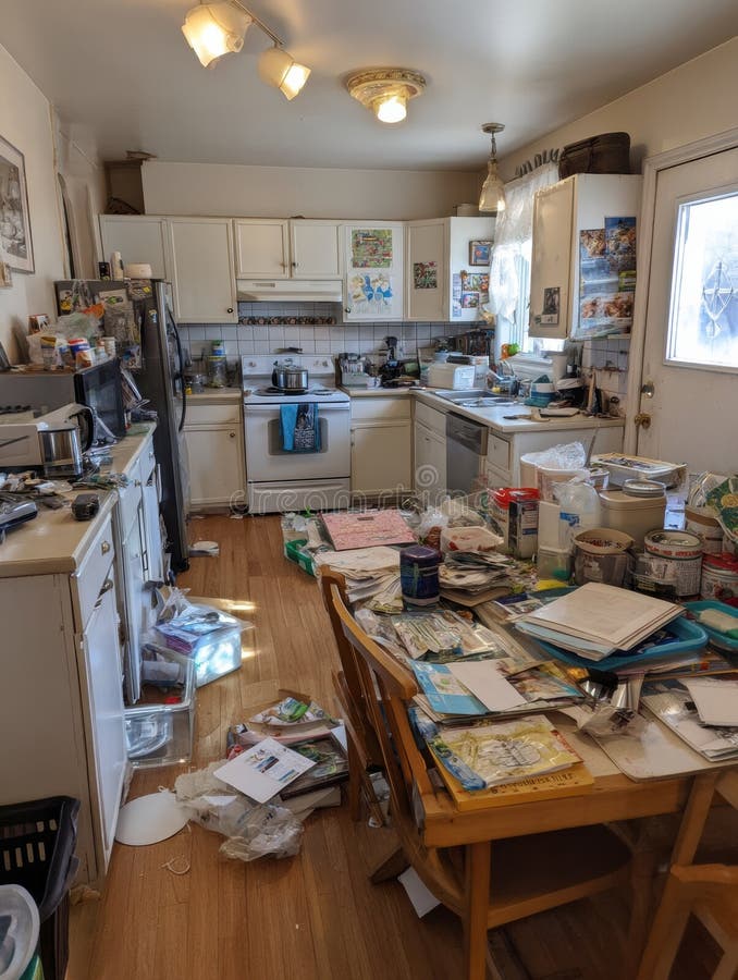 Family Kitchen Cluttered with Unsafe Items, Showing Disorganization and ...