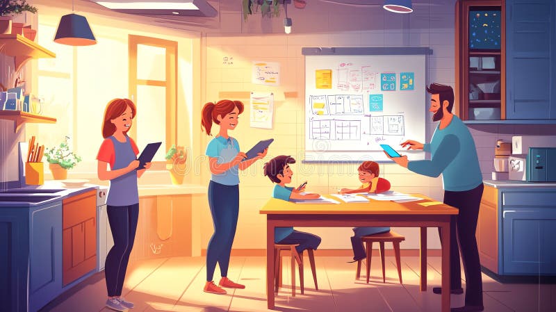 Family Kitchen Illustration: Modern Home, Digital Art Stock Image - Image of home, kitchen ...