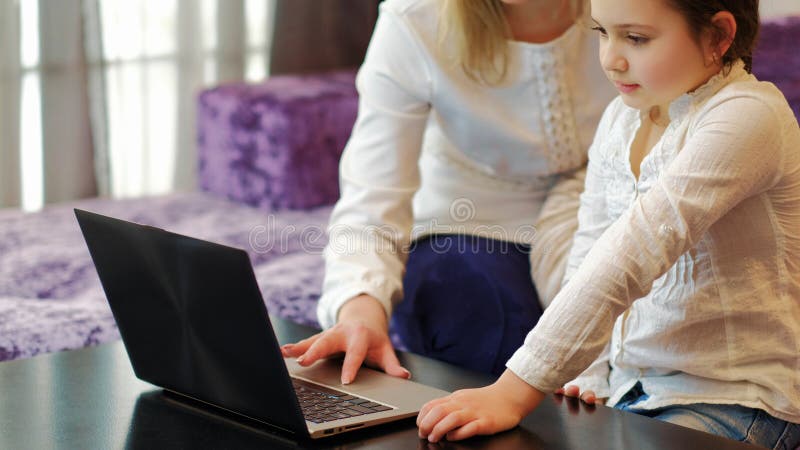 Family Leisure Mom Daughter Use Laptop Together Stock Photo - Image of ...