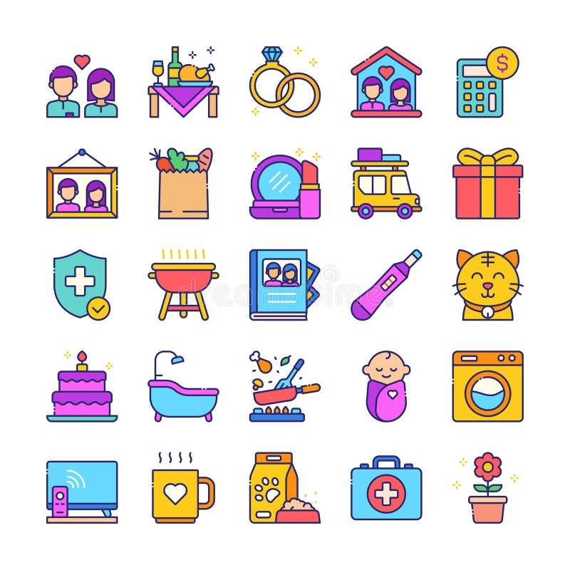 Family Life and Home daily Activity Icon Set in Flat Style Stock Vector ...