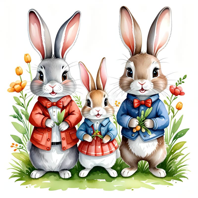 A Family of Little Rabbits in a Flower Field Stock Illustration ...