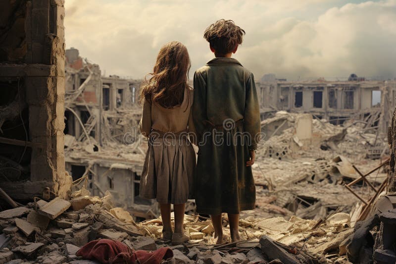 Family Looking in War-torn Debris Stock Illustration - Illustration of ...