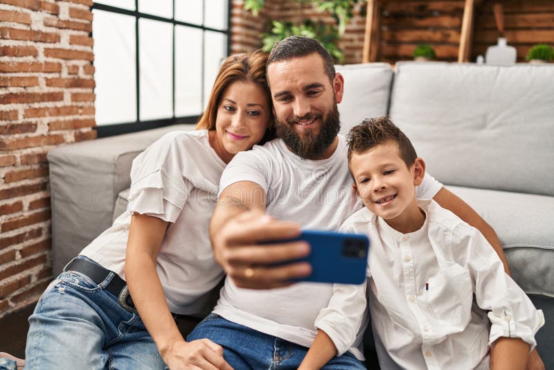 Family Make Selfie by Smartphone Sitting on Floor at Home Stock Image ...