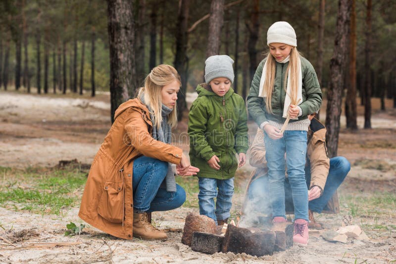 Young Family Making Campfire Stock Photo - Image of male, kids: 129496834