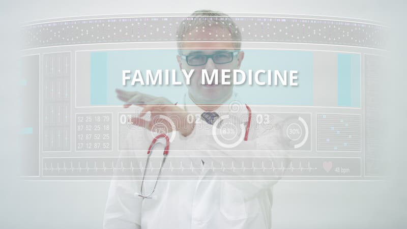 FAMILY MEDICINE Tab and a Doctor in Front of a Modern Medical Display ...