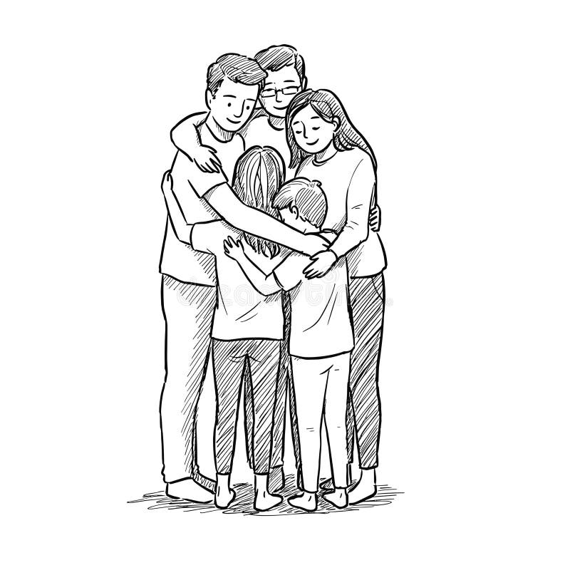 Family Members Embracing Joyfully in a Sketch Style Stock Illustration ...
