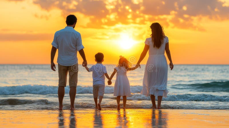 A Family Moves Hand in Hand Along the Beach Stock Photo - Image of calm ...