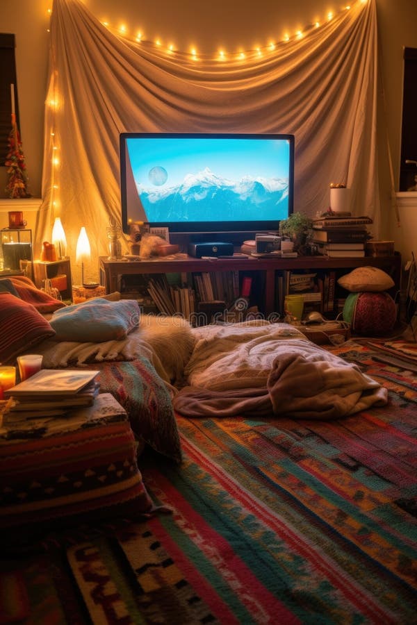 Family Movie Night Setup with Projector and Blankets Stock Illustration ...