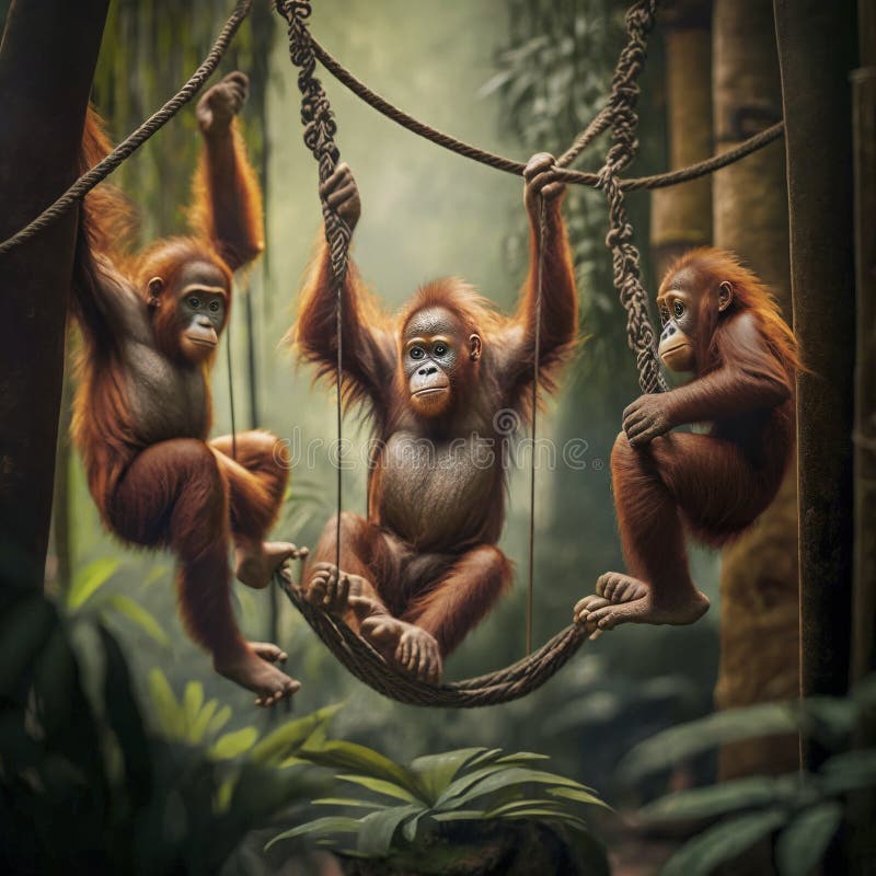 A Family of Orangutans Swinging through the Trees Stock Illustration ...