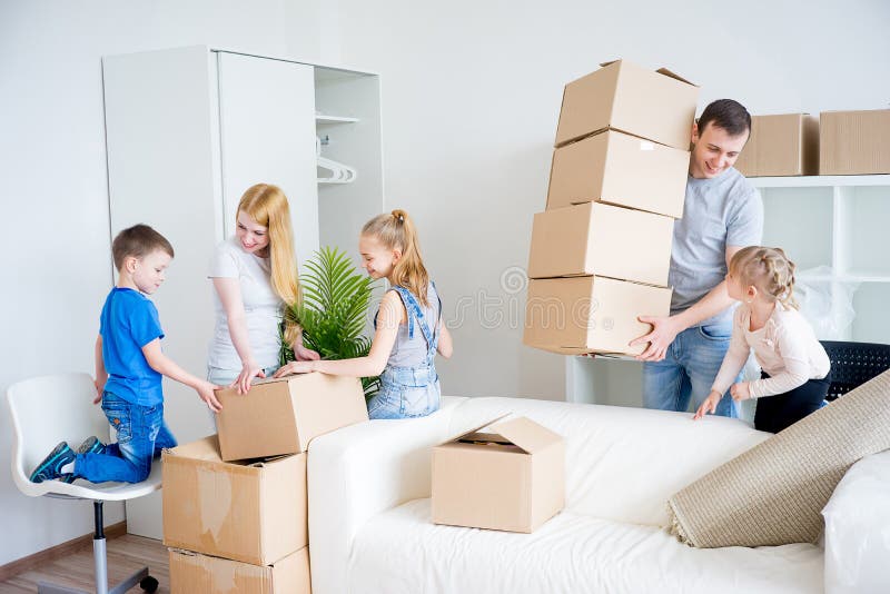 Family Packing Cardboard Boxes Stock Image - Image of people, container ...