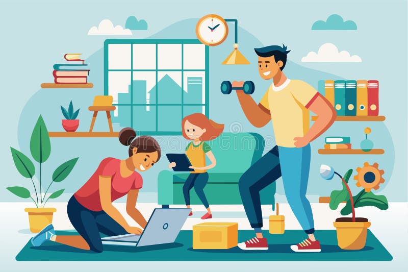 A Family is Participating in Various Activities at Home, Including ...