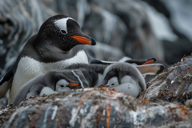A Family of Penguins Huddle Together on a Rock for Warmth, a Family of ...