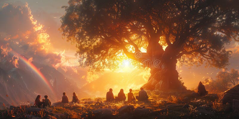 A Family Picnic with a Group of People Sitting Under a Tree Stock Photo ...