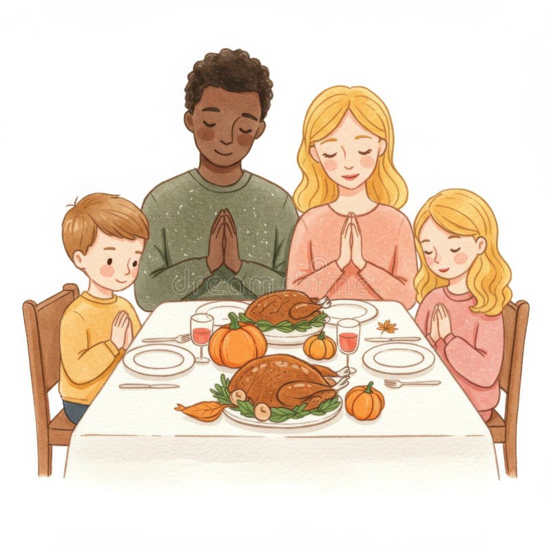 Family Praying before Thanksgiving Dinner Stock Illustration ...