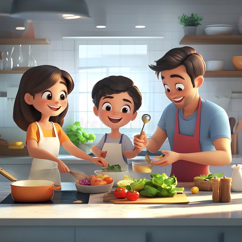 Family Preparing Dinner in the Kitchen Illustration Stock Illustration - Illustration of face ...