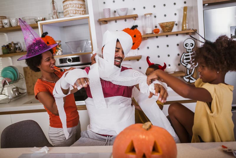 Family Preparing for Halloween, Having Fun Stock Photo - Image of ...
