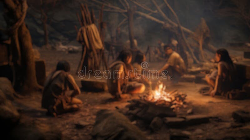 A Family of Primitive People Gathering Around a Fire for Dinner Stock ...