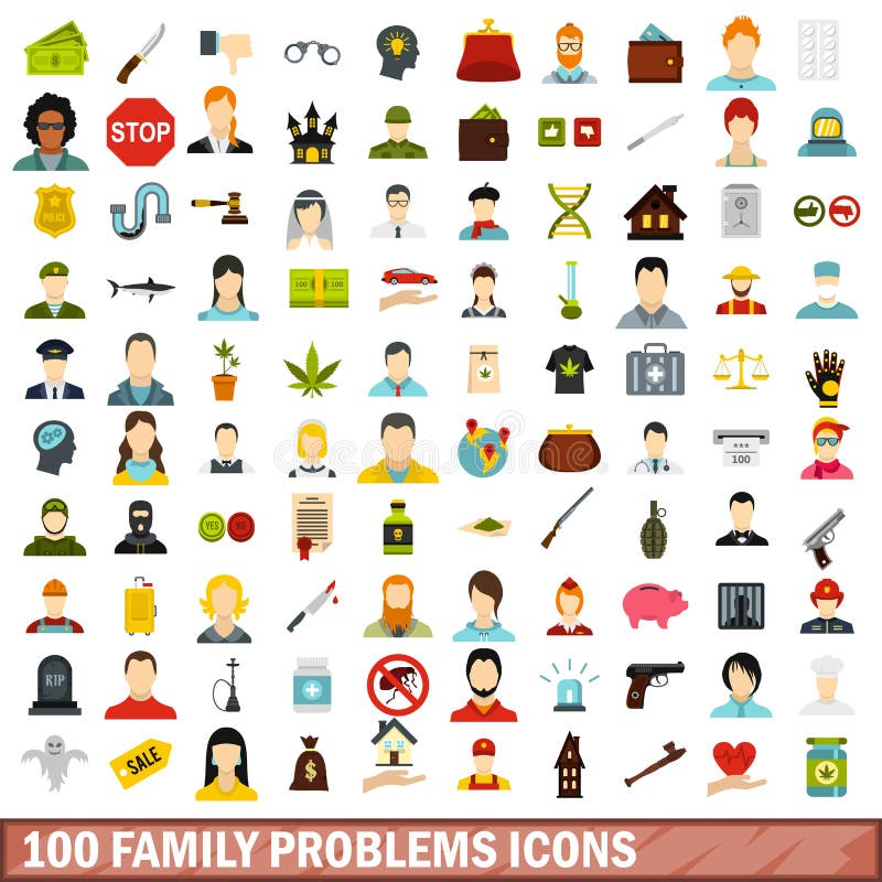 100 Family Problems Icons Set, Flat Style Stock Vector - Illustration ...