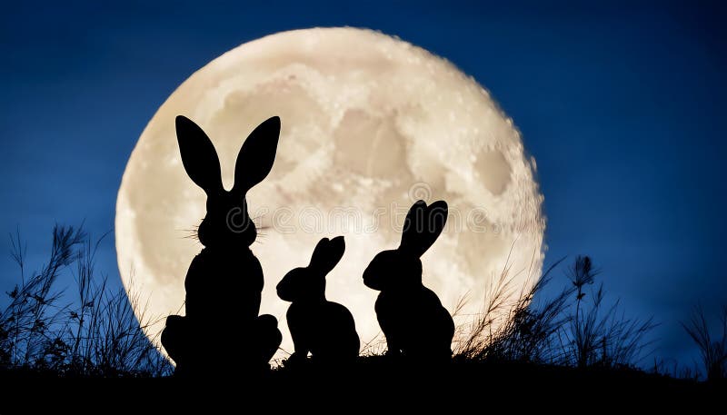 Family of Rabbit Against the Backdrop of a Full Moon Stock Illustration ...