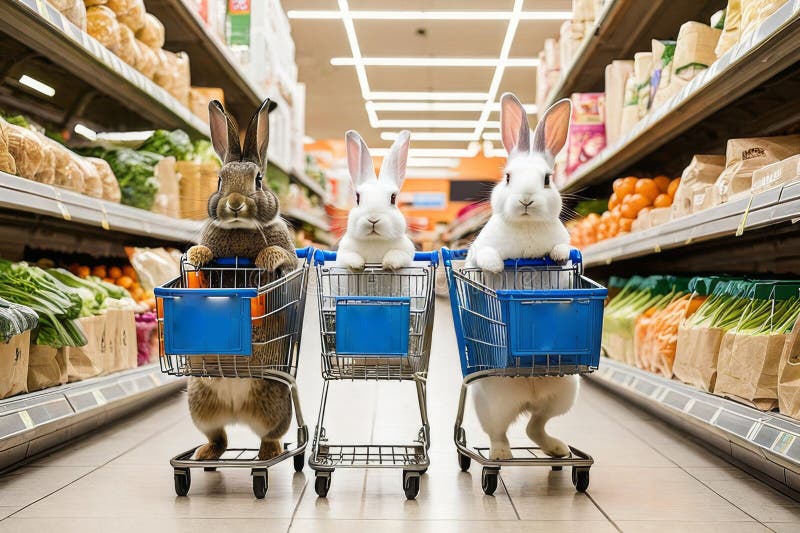 A Family of Rabbits in a Store with Carts Makes Purchases. Stock Photo ...