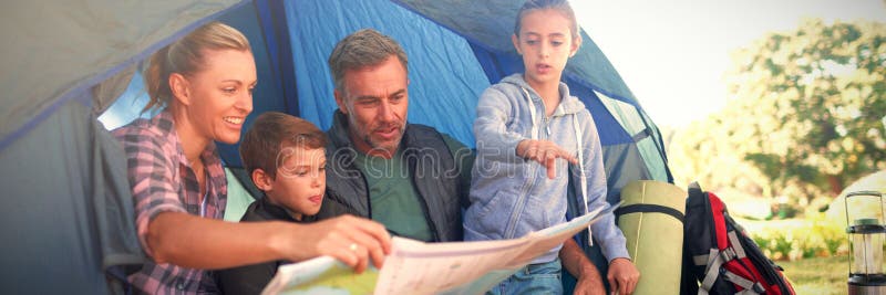 Family Reading the Map in Tent Stock Photo - Image of children, camp ...