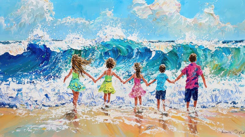 Family Running Towards the Big Wave on the Beach Stock Image - Image of ...