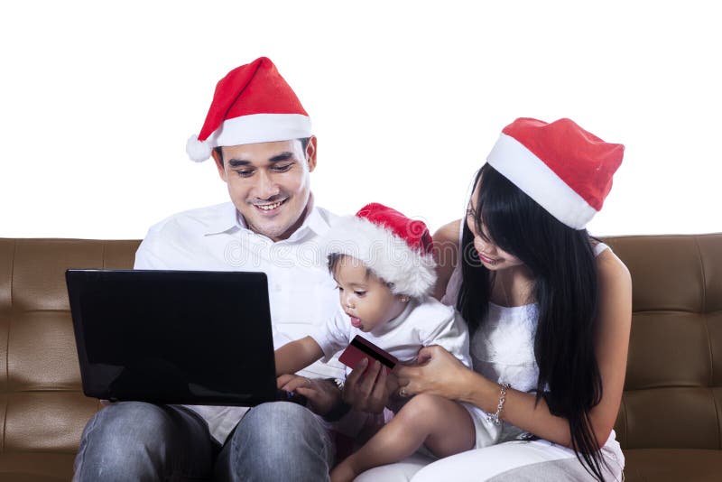 Family in Santa S Hat Using a Laptop Stock Image - Image of holiday ...