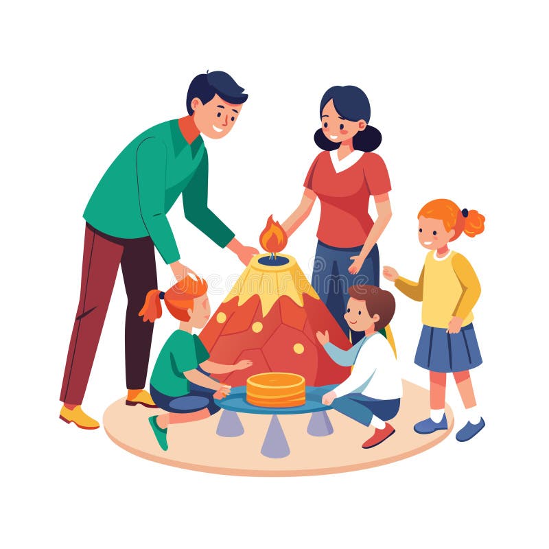 Family Science Project: Volcano Model Experiment with Kids Stock Vector ...