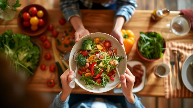 Family Sharing Fresh Salad at Dinner Table Stock Illustration ...