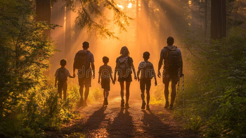 Family Silhouette Hiking Forest Path, Sunbeams Stock Illustration ...