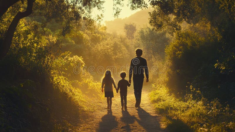 Family Silhouetted, Walking Sunset Path, Nature Stock Illustration ...