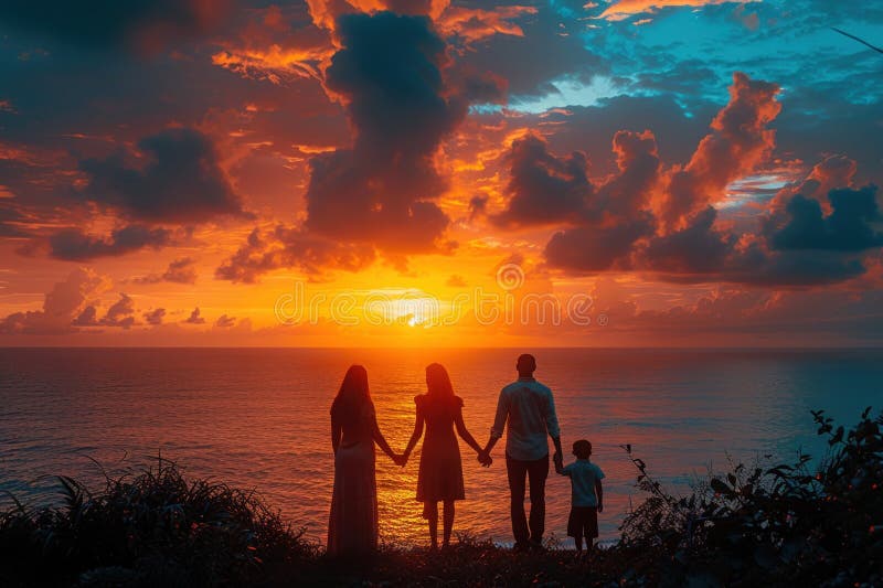 Family Silhouettes Admire a Sunset Over the Ocean Stock Image - Image ...