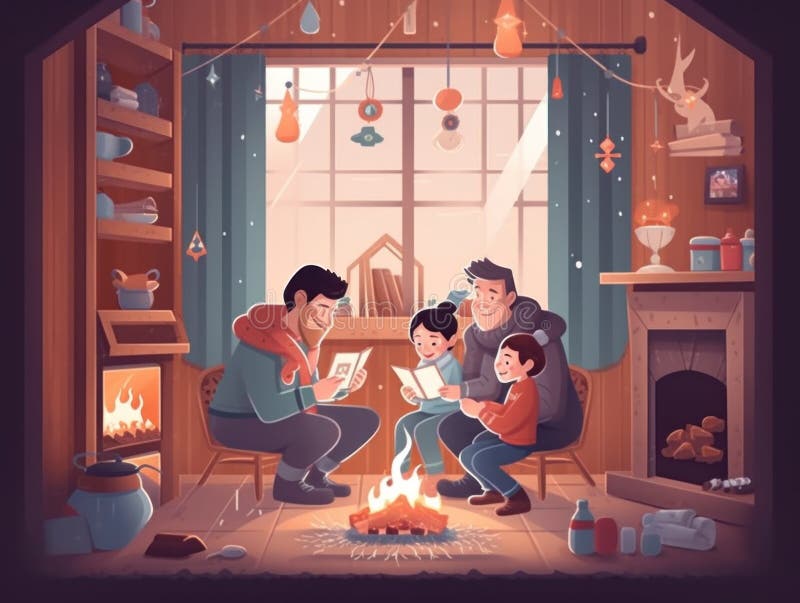 A Family is Sitting Around a Campfire Reading a Book. Generative AI ...
