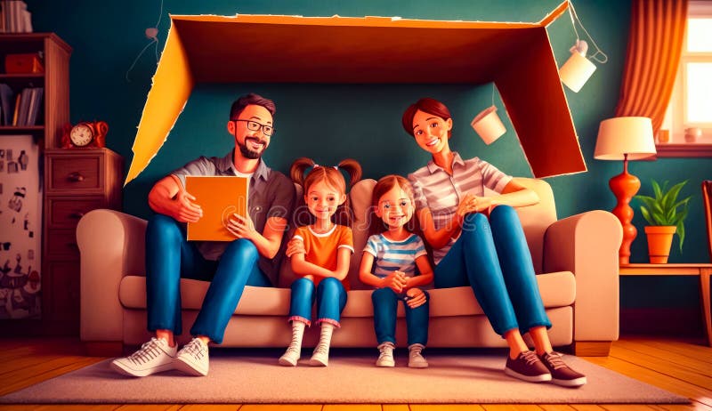 Family Sitting on Couch with Cardboard Box on the Back of it ...
