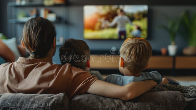 Family Sitting Together on a Couch and Watching TV Stock Photo - Image ...