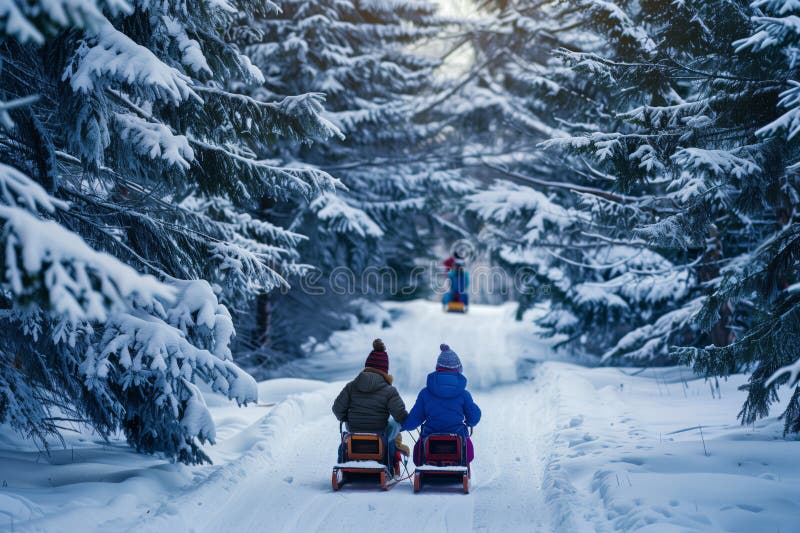 Family on a Sled Ride through a Snowy Pine Forest Stock Photo - Image ...