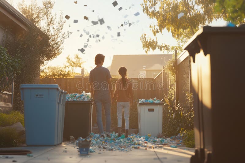 Family Sorting Plastic Bottom into Recycle Bin at Home Backyard ...