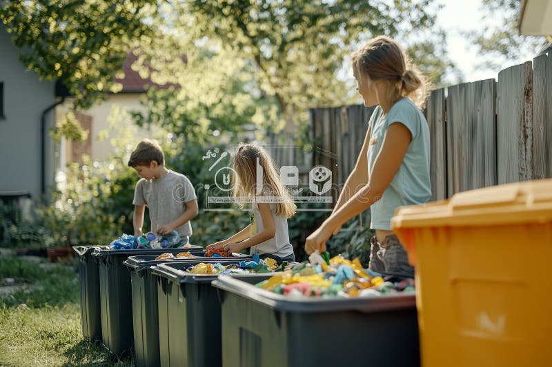 Family Sorting Plastic and Trash into Recycle Bin with Holographic ...