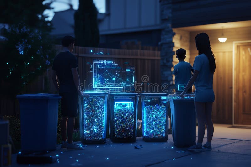 Family Sorting Plastic and Trash into Recycle Bin with Holographic ...