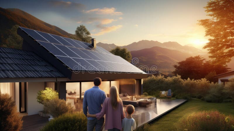 Family Standing in Front of Their Modern Eco House with Solar Panels ...