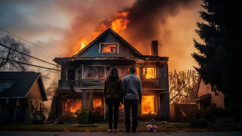 A Family Stands in Front of a Burning House Stock Photo - Image of ...