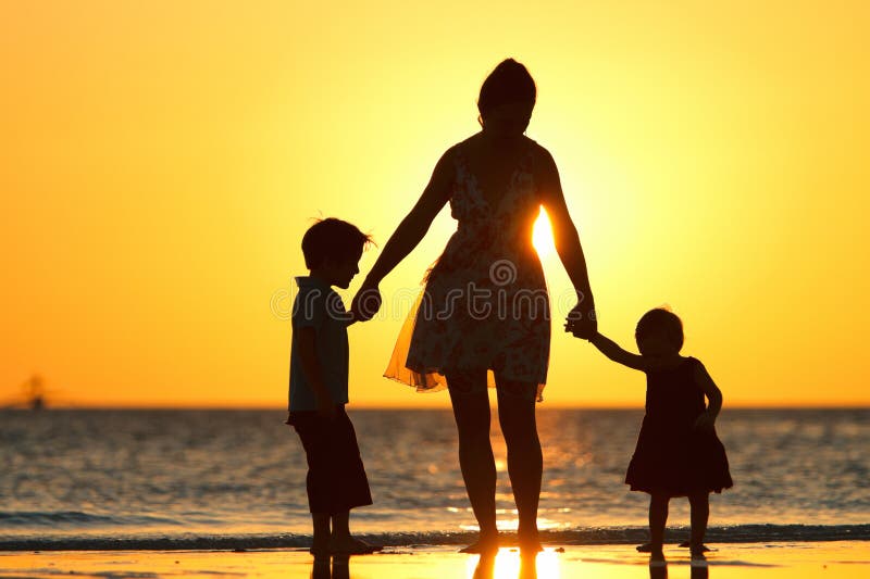 Happy Family with Child Have a Fun on Sunset Beach Stock Photo - Image ...