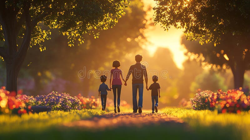 Family Sunset Stroll 3D Illustration Stock Illustration - Illustration ...