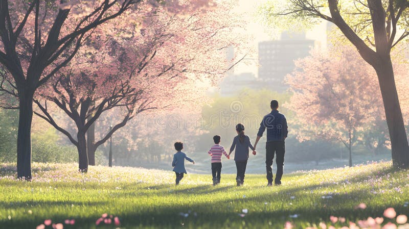 A Family Taking a Spring Walk or Playing in the Park Stock Illustration ...