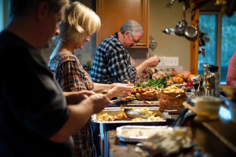 Family Thanksgiving Dinner Preparation in a Cozy Kitchen Setting Stock ...