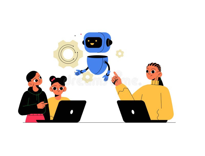 Family Learning Coding Together with Robot Assistant in Flat Vector ...