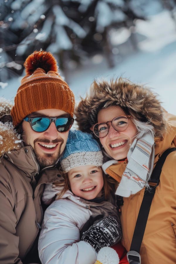 A Family of Three Posing Together in Snowy Conditions Stock Image ...