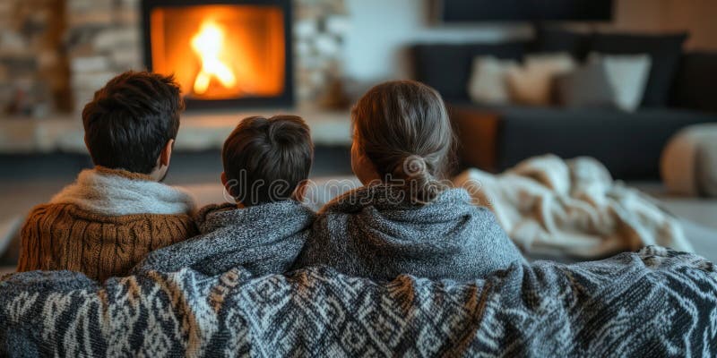 A Family of Three Sitting on a Couch with Blankets on Them Stock ...