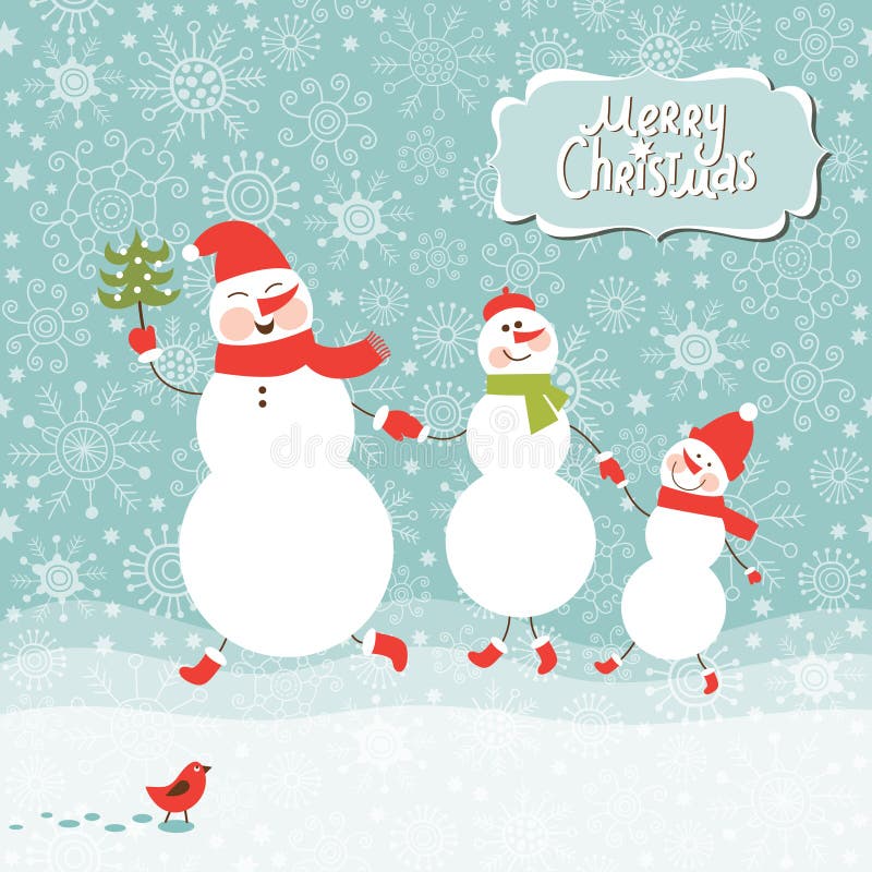 Cute Cartoon Snowmen on a Blue Background Stock Vector - Illustration ...