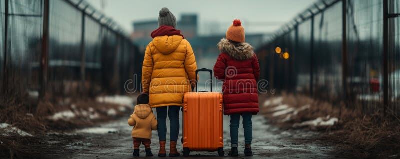 A Family of Three with a Suitcase Faces Migration Challenges in a Cold ...